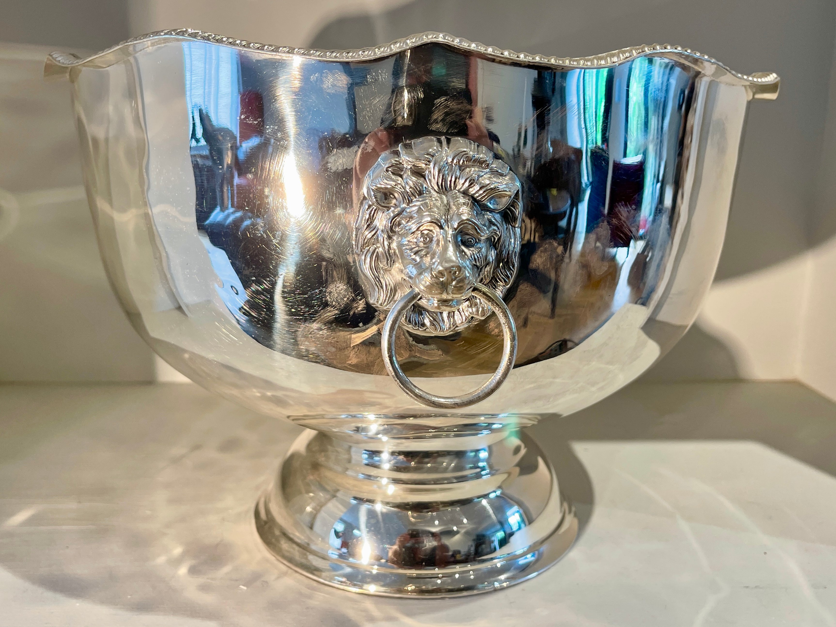 Large Antique Silver Centre Piece Lion Head Champagne Ice Bucket Bowl ...
